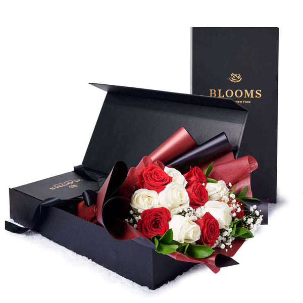Rose Gifts | Valentine's Day 12 Stem Red & White Rose Bouquet With Box ...